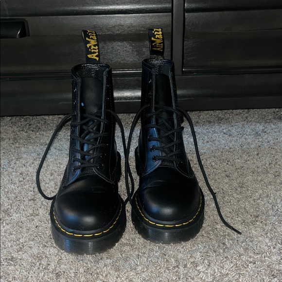 Dr. Martens | Shoes | Dr Martens Black Leather Boots With Yellow ...